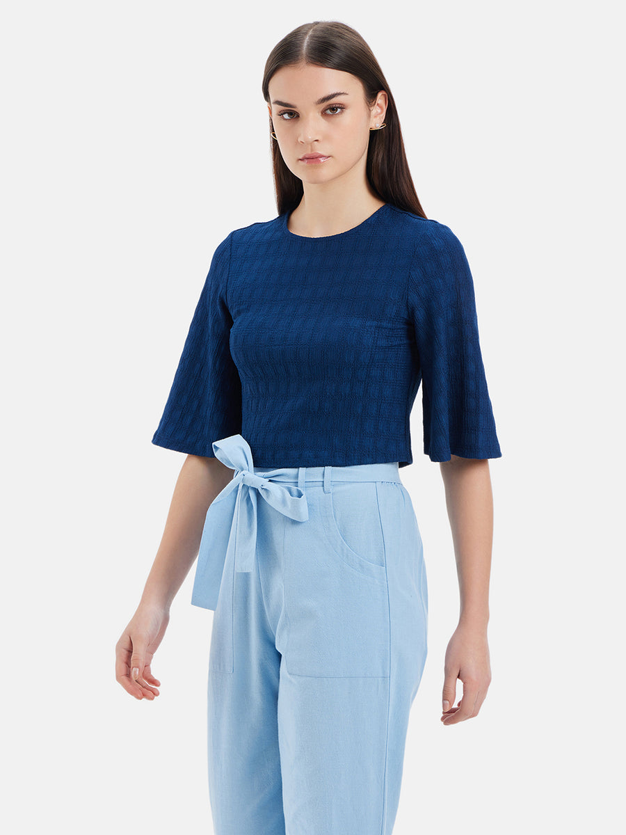 Textured Top With Bell Sleeves - Blue | Women Textured Tops – KAZO