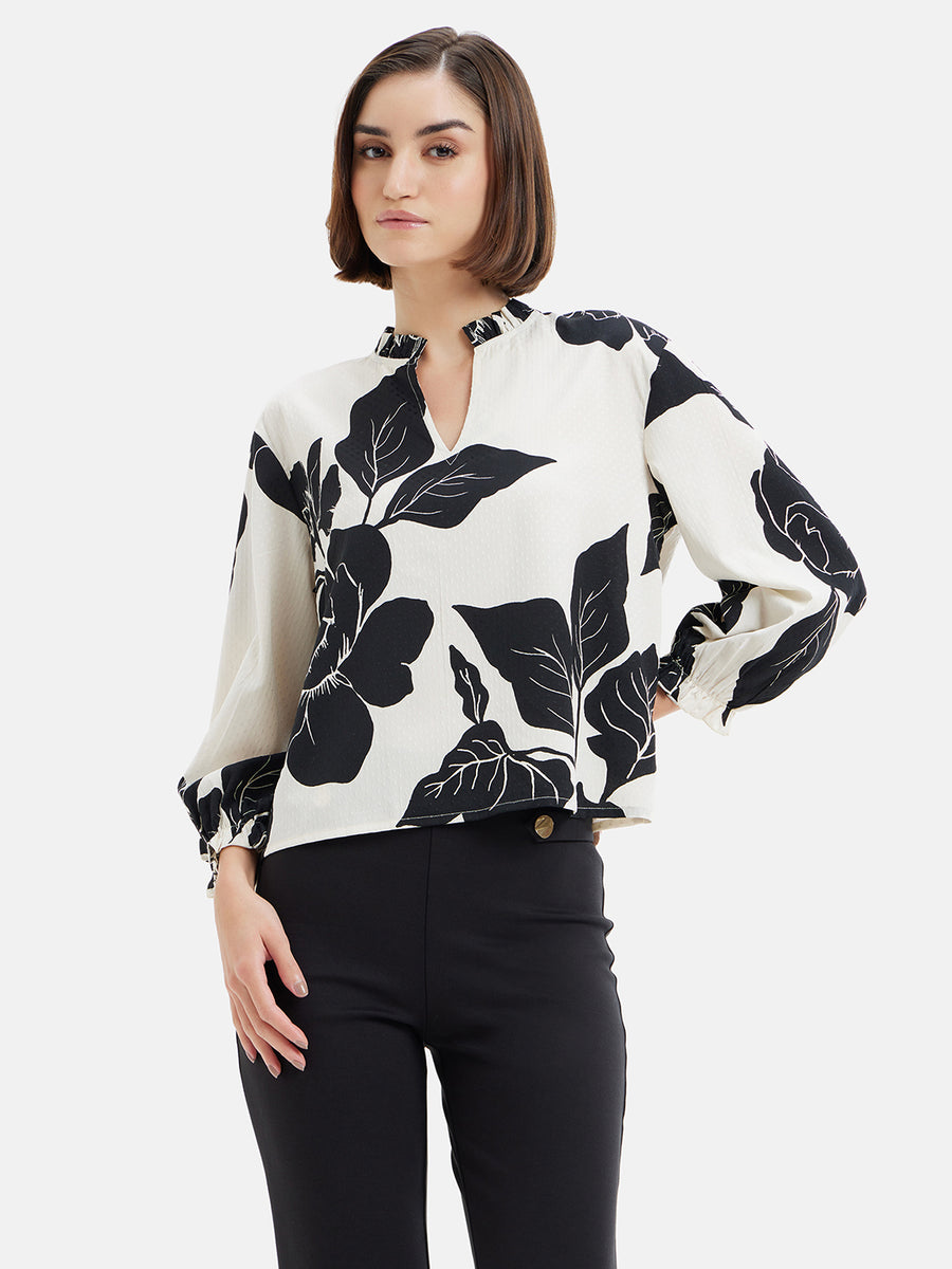 Floral Printed Full Sleeves Top With Ruffled Neck - Women's Printed ...
