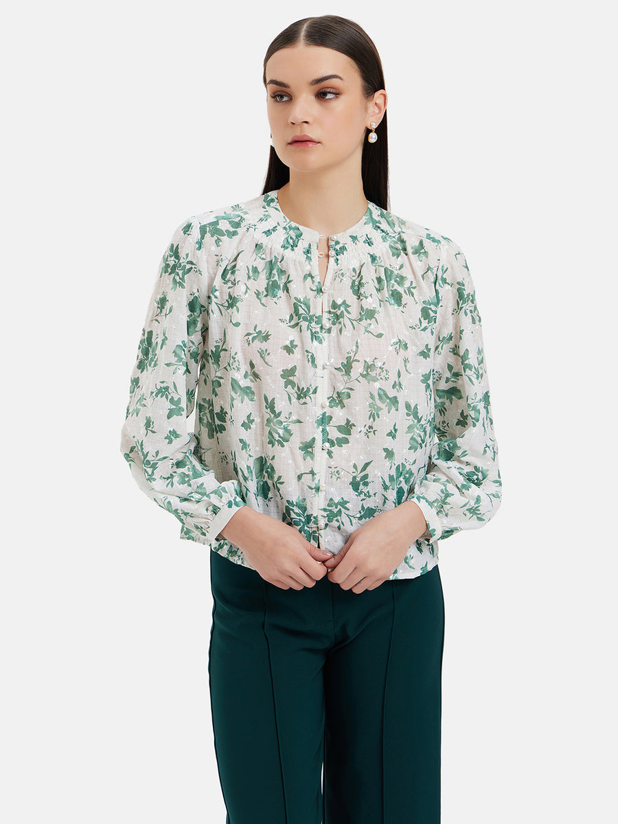 Floral Printed Embroidered Top - Green | Women's Embellished Tops – KAZO