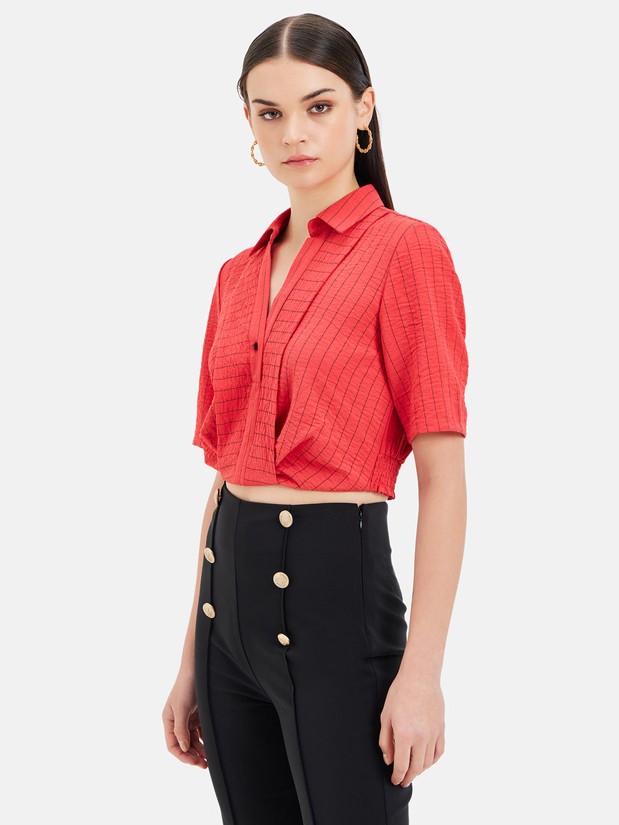 Striped V-Neck Red Crop Top - Designer Crop Tops for Women – KAZO